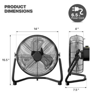 mollie 14 Inch High Velocity Fan Heavy Duty Metal Industrial Floor Fan 3 Speed Adjustable Tilt Portable Quiet Air Circulator for Warehouse, Workshop, Factory and Basement, 1018 CFM, Black