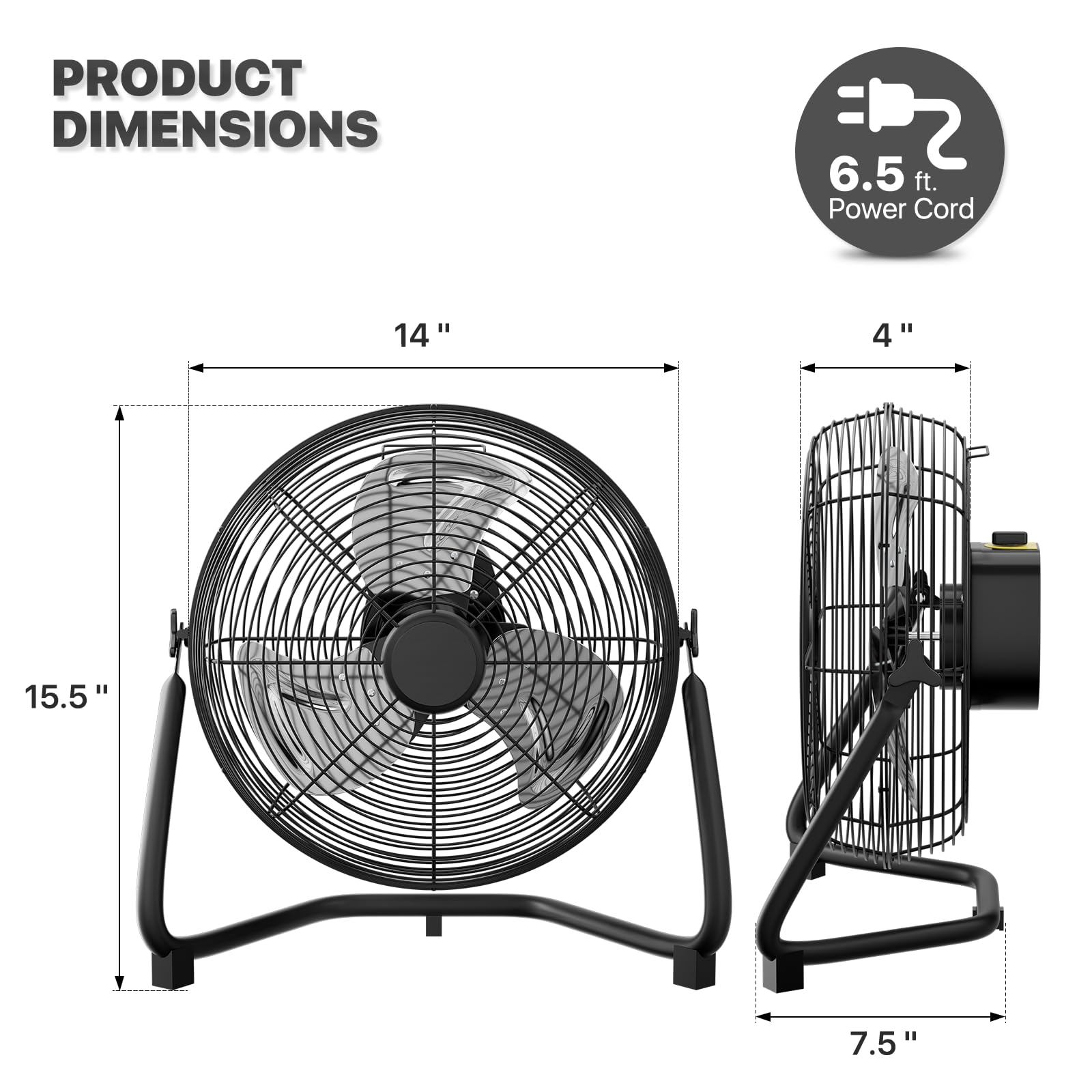 mollie 14 Inch High Velocity Fan Heavy Duty Metal Industrial Floor Fan 3 Speed Adjustable Tilt Portable Quiet Air Circulator for Warehouse, Workshop, Factory and Basement, 1018 CFM, Black