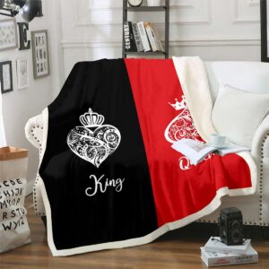 couple wedding throw blanket best gifts from husband for anniversary,king and queen crown blanket,red and black fleece blanket gifts for couple,i love you gift for her romantic valentine's day 40"x50"