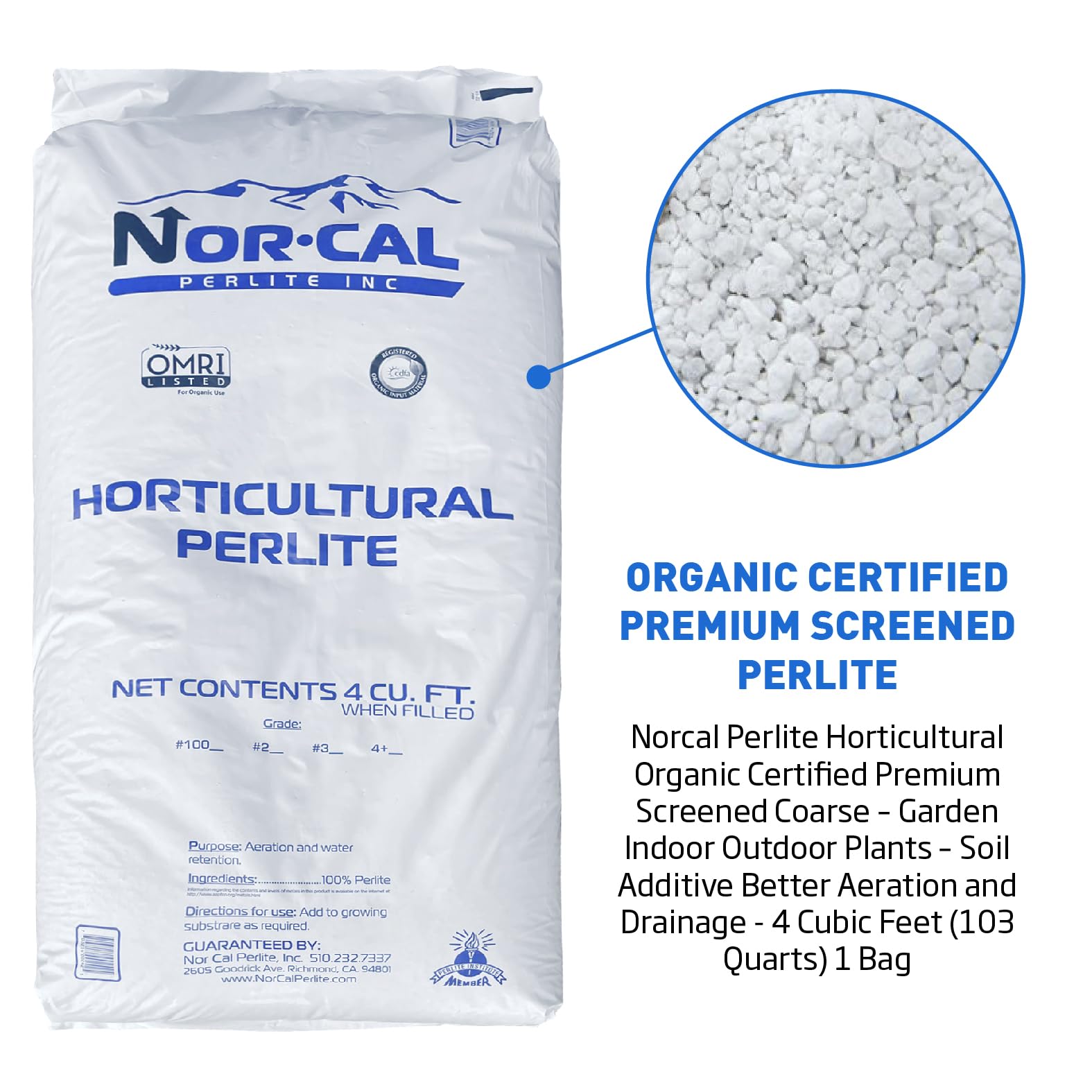 Norcal Perlite Horticultural Organic Certified Premium Screened Coarse – Garden Indoor Outdoor Plants – Soil Additive Better Aeration and Drainage - 4 Cubic Feet (103 Quarts) 1 Bag