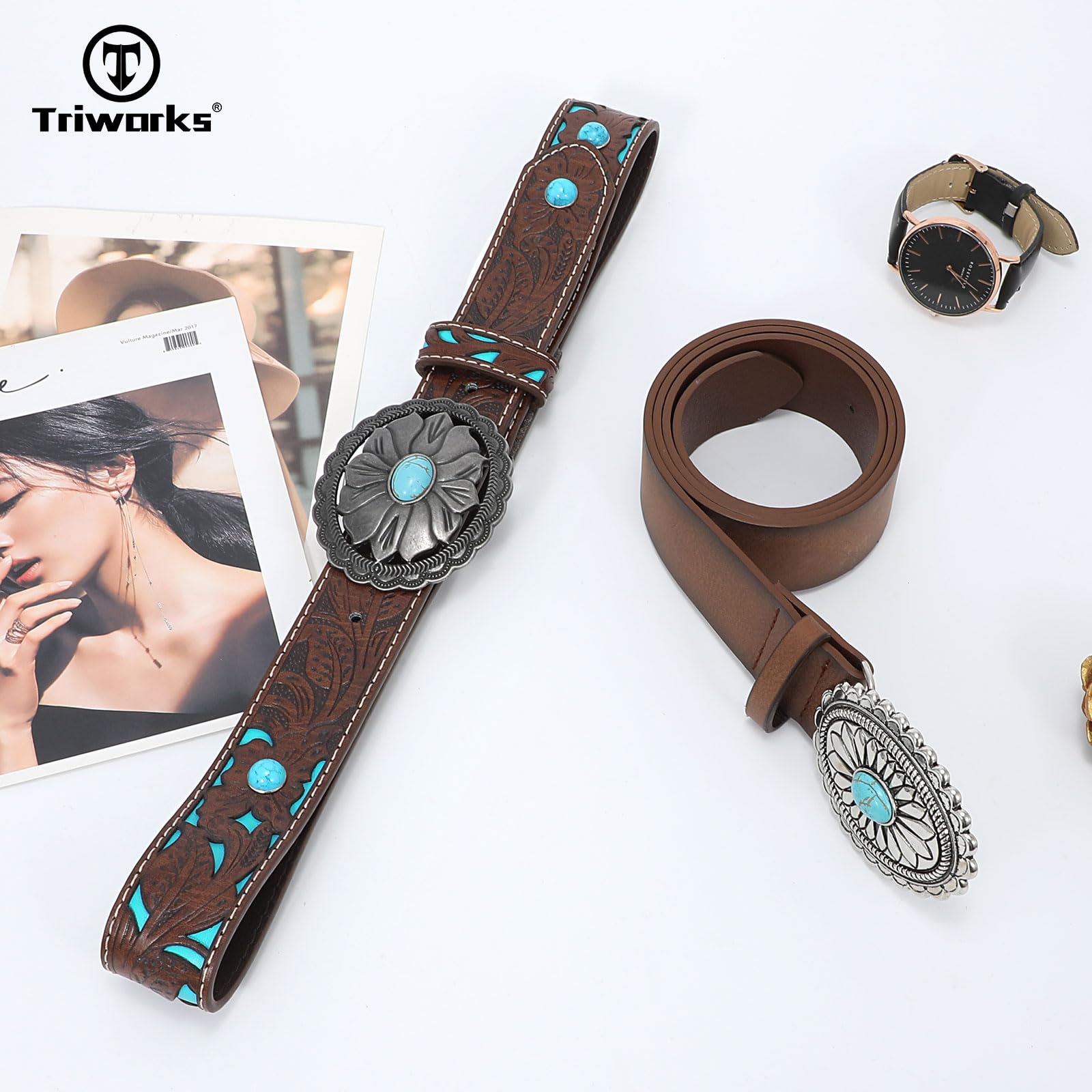 TRIWORKS Women's Western Leather Belt Vintage Medieval Turquoise Buckle Belt Ladies Cowgirl Concho Leather Belt