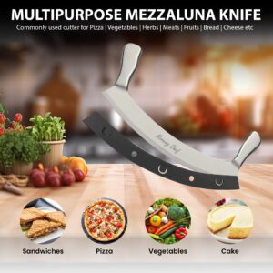 Morning Chef 12" Stainless Steel Mezzaluna Knife | Pizza Cutter | Chopper Dicer Mincer | Curved Blade with Steel Handles | Mezzaluna Sheath Pizza Cutter Rocker, Rocker Knife Veggie Cutter