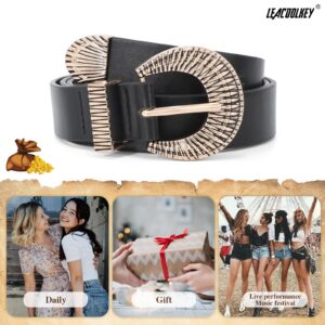 LEACOOLKEY Western Leather Belt for Women Vintage Design Buckle Waist Belt for Jeans Dress