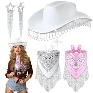 xtinmee 5 pcs rhinestone cowgirl hat bandana with fringe earrings 1 cowboy hat 2 disco fringe tassel bandanas and 2 earrings (white,modern style)