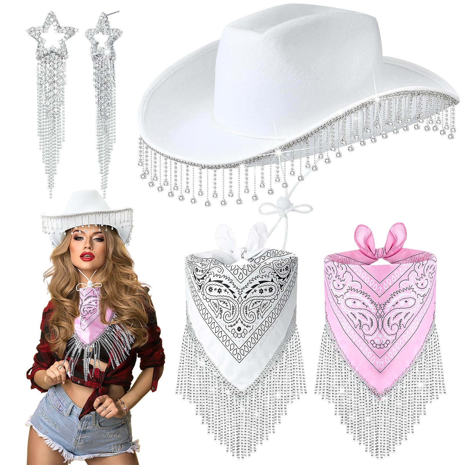 Xtinmee 5 Pcs Rhinestone Cowgirl Hat Bandana with Fringe Earrings 1 Cowboy Hat 2 Disco Fringe Tassel Bandanas and 2 Earrings (White,Modern Style)