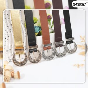 LEACOOLKEY Western Leather Belt for Women Vintage Design Buckle Waist Belt for Jeans Dress