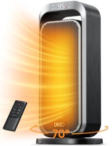 dreo quiet space heaters for indoor use, 1500w electric heater with remote, ptc ceramic heater with thermostat, 12h timer, 70° oscillation, digital display, fast safety room heater for bedroom office