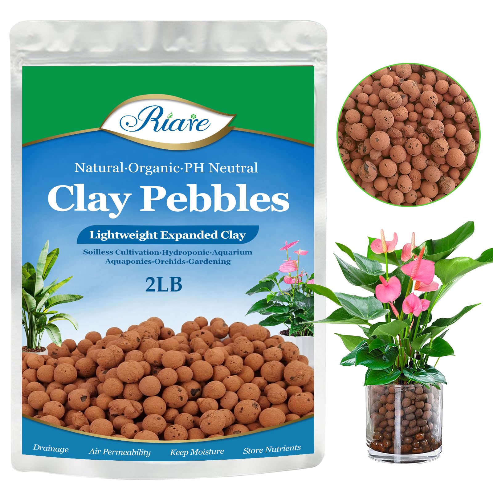 Riare 2 LBS Organic Expanded Clay Pebbles for Plants- 4mm-16mm Natural Leca Balls Lightweight Hydroponic Clay Pebbles Aggregate for Indoor Plants, Hydroponic Growing, Plants Drainage, Aquaponics