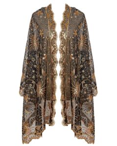 l'vow women's glittering 1920s scarf mesh sequin wedding cape fringed evening shawl wrap(s4-black&gold)