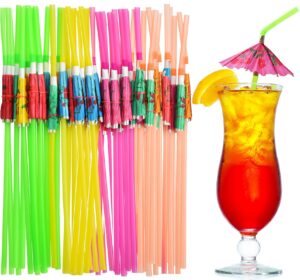 alink 100 pcs umbrella drink straws, plastic fancy cocktail straws, tropical luau party straws for hawaiian/birthday/pool party decorations