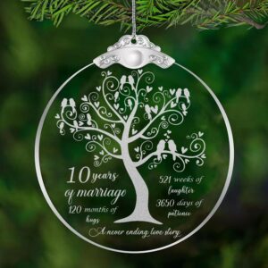 10th wedding anniversary ornament gift, 10th anniversary wedding gift for couple, 10 years as mr. & mrs. christmas glass ornament gift for husband wife married parents grandparents friends 3"