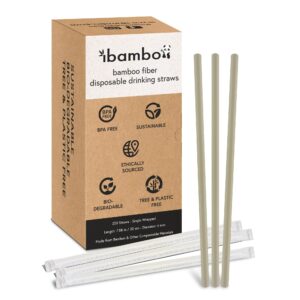 Ibambo 250 Pack Disposable Bamboo Powder Straws - 7.88" Compostable Single Wrapped Drinking Straws | Durable Disposable Straws for Hot & Cold Drinks | Biodegradable Straws for Commercial or Home Use