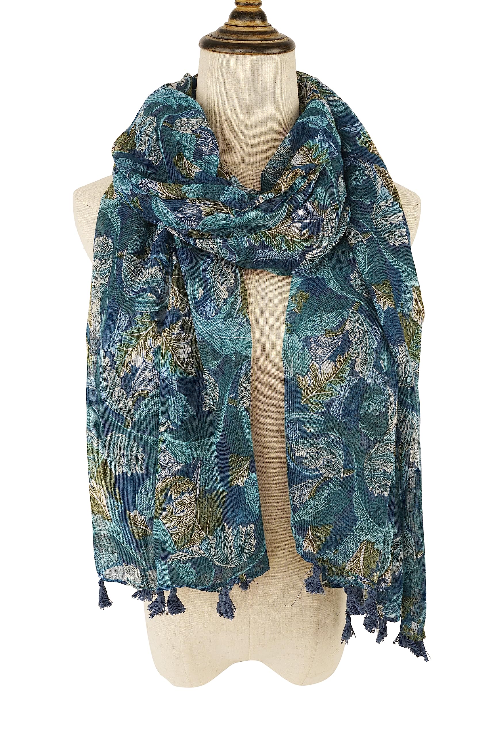 YOUR SMILE Large Boho Scarf for Women Lightweight Floral Printed Scarves Fall Winter Fashion Fringed Shawl wraps (01 Teal Leaves)