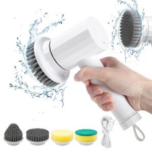 conerx electric spin scrubber cordless power cleaning brush with 4 replaceable brush heads 2 adjustable speeds for bathroom kitchen dishes tub sink tile window floor grout, white