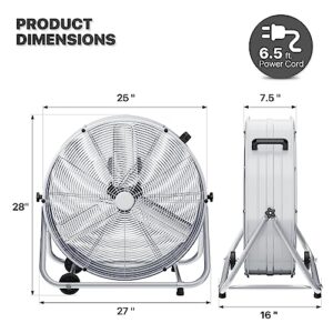 mollie 25 Inch Industrial High Velocity Floor Drum Fan with 3 Speed Heavy Duty Metal Adjustable Tilt Portable Air Circulator for Home Bedroom Garage Commercial Use, 5270 CFM, Silver