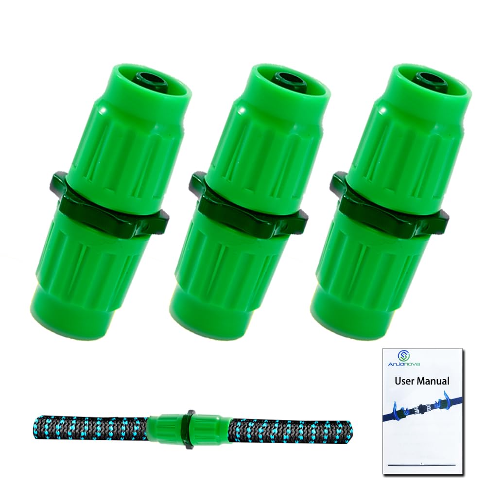 Anjonova 3 Sets Expandable Garden Hose Repair Kit with User Manual, Dual-Channel Hose Female Male Connectors Compatible with Pocket Hose, Fits Expandable Garden Hose 25 50 75 100 FT, Green