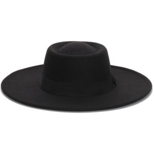 black felt fedora for women men - classic wide brim boater hat flat top large-derby-cap unisex