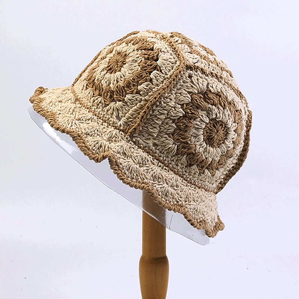 XYIYI Beige Women Crochet Bucket Hat Knit Handmade Foldable Beach Hat Cute Hand Woven Fishing Hat