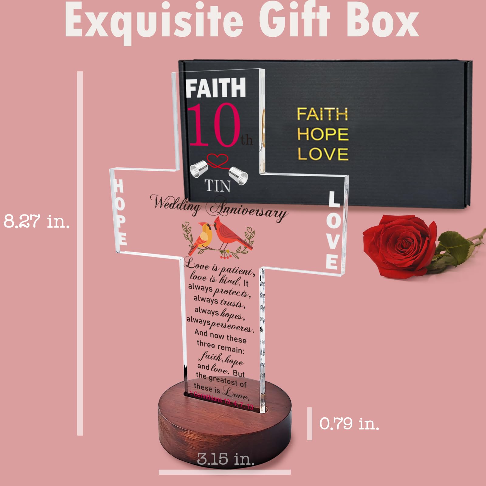 10 Year Anniversary Christian Gifts for Couples, 10th Wedding Anniversary Thoughtful Gifts Ideas, Best Tin Anniversary Present for Him, Her, Wife, 10th Anniversary Decorative Cross with Bible Verse.