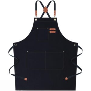 afun chef aprons for women men with large pockets, cotton canvas cross back water repellent work apron, size m to xxl (black)