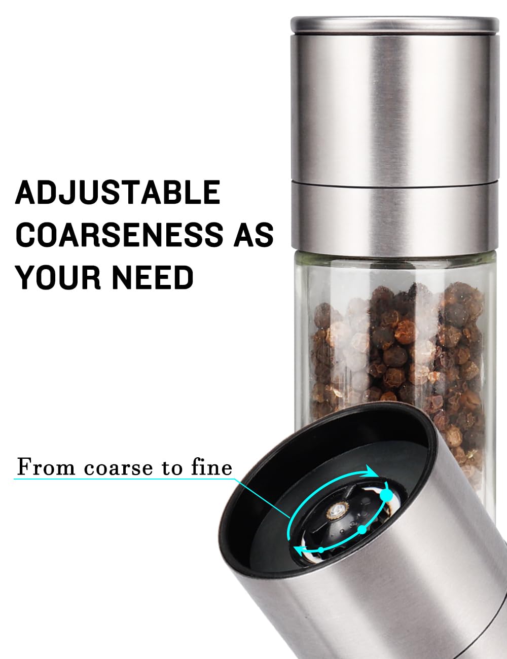 Gulex® Pepper Grinder Set Pepper Mill, Salt Grinder Refillable, Adjustable Coarseness Black Pepper Grinder, Stainless Steel Sea Salt Shaker with Ceramic Rotor(salt and pepper not included)