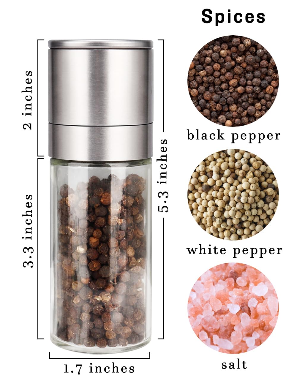 Gulex® Pepper Grinder Set Pepper Mill, Salt Grinder Refillable, Adjustable Coarseness Black Pepper Grinder, Stainless Steel Sea Salt Shaker with Ceramic Rotor(salt and pepper not included)