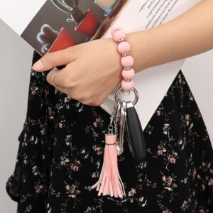 Panny & Mody Silicone Key Ring Bracelet Wristlet Keychain with Silver Bling Zircon & Leather Tassel for Women Gift (Pearl)