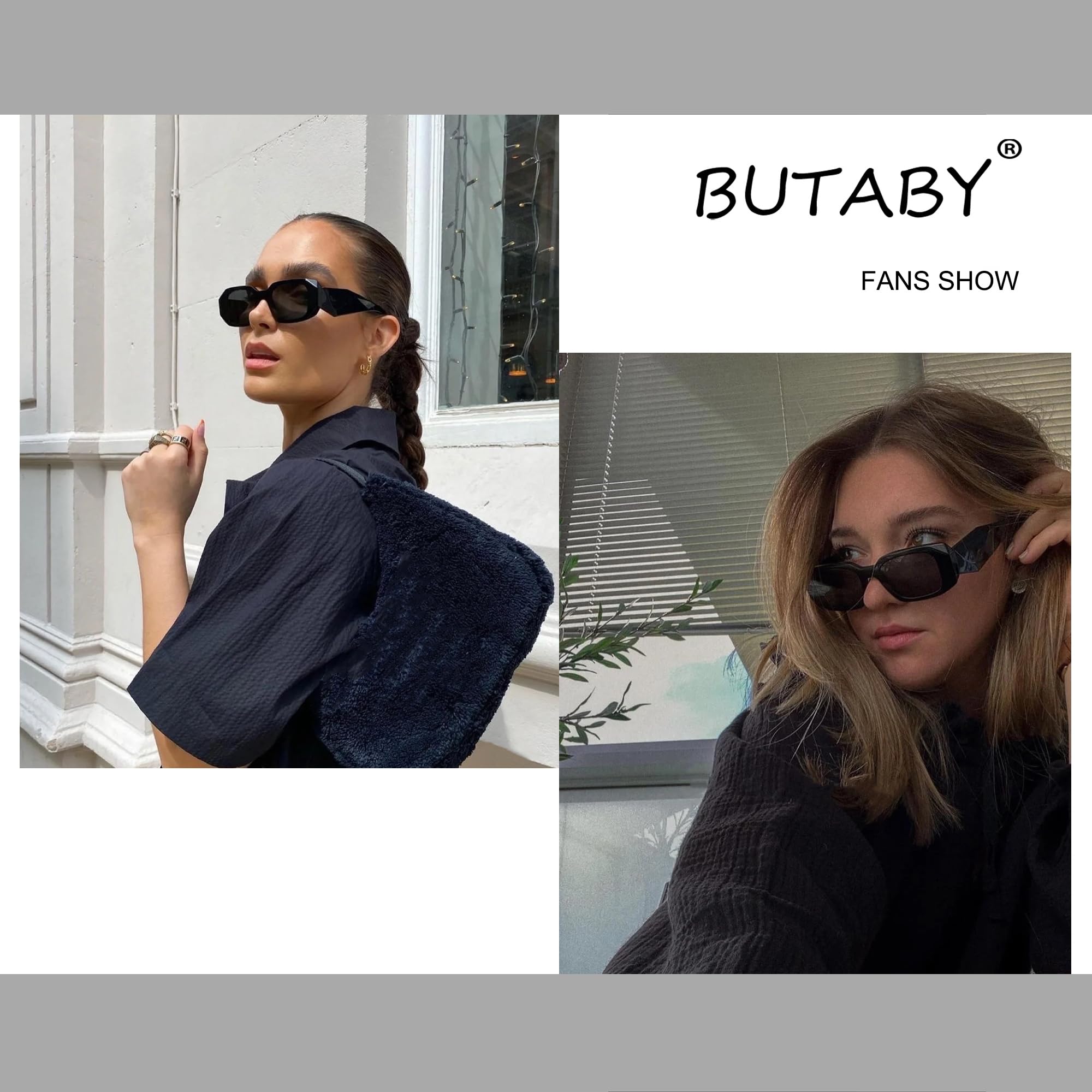 BUTABY Trendy Rectangle Sunglasses for Women Men Retro Sun Glasses Vintage Fashion Square Frame Black & Leopard Brown