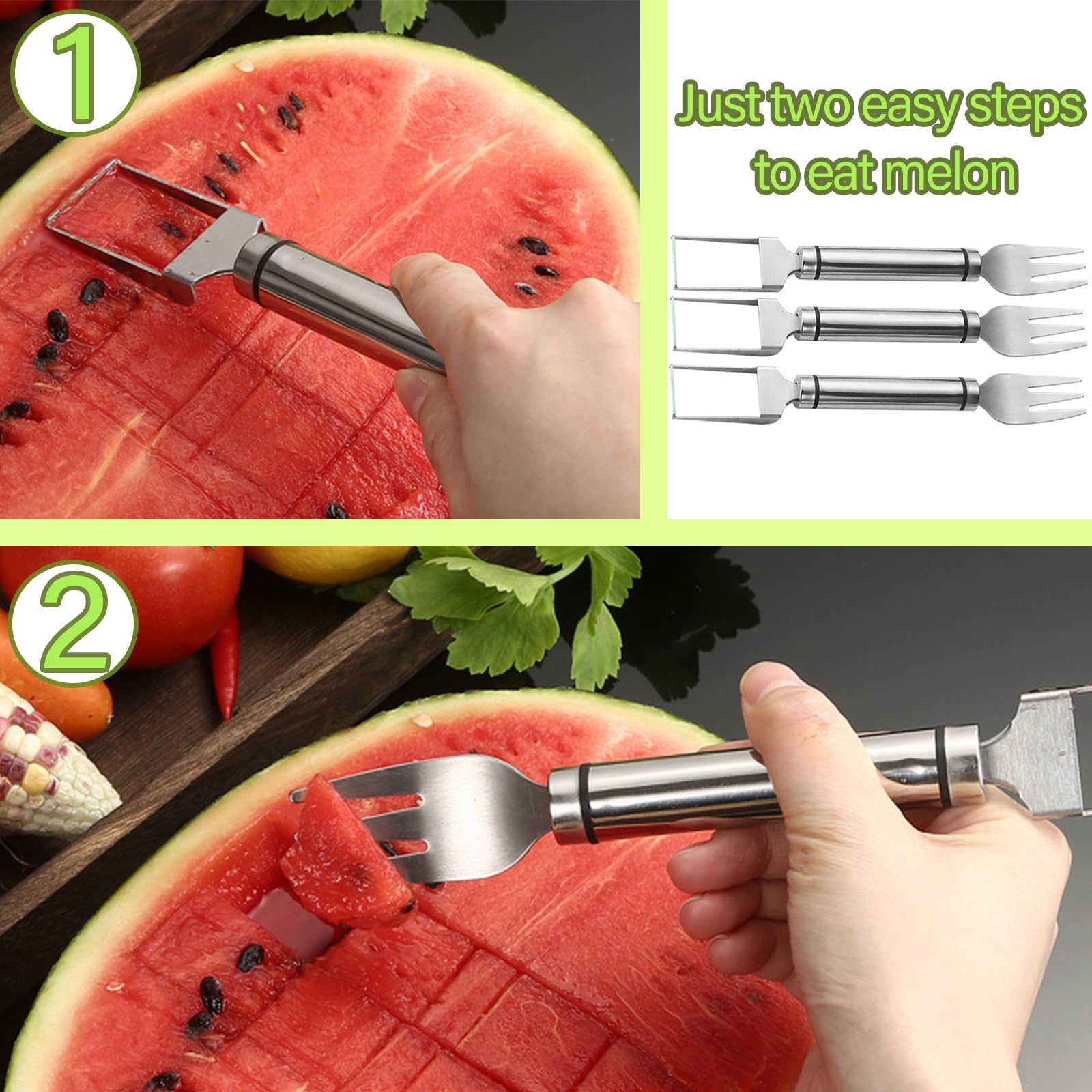 FANTEXY 3 Pieces 2-In-1 Watermelon Fork Slicer Cutter, Watermelon Slicer Cutter, Dual Head Stainless Steel Fruit Forks Slicer Knife for Family Parties Camping Party