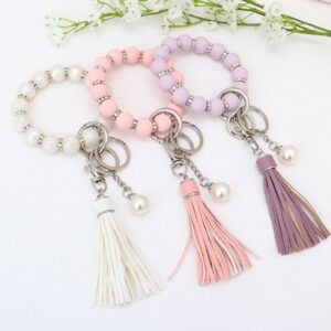 Panny & Mody Silicone Key Ring Bracelet Wristlet Keychain with Silver Bling Zircon & Leather Tassel for Women Gift (Pearl)