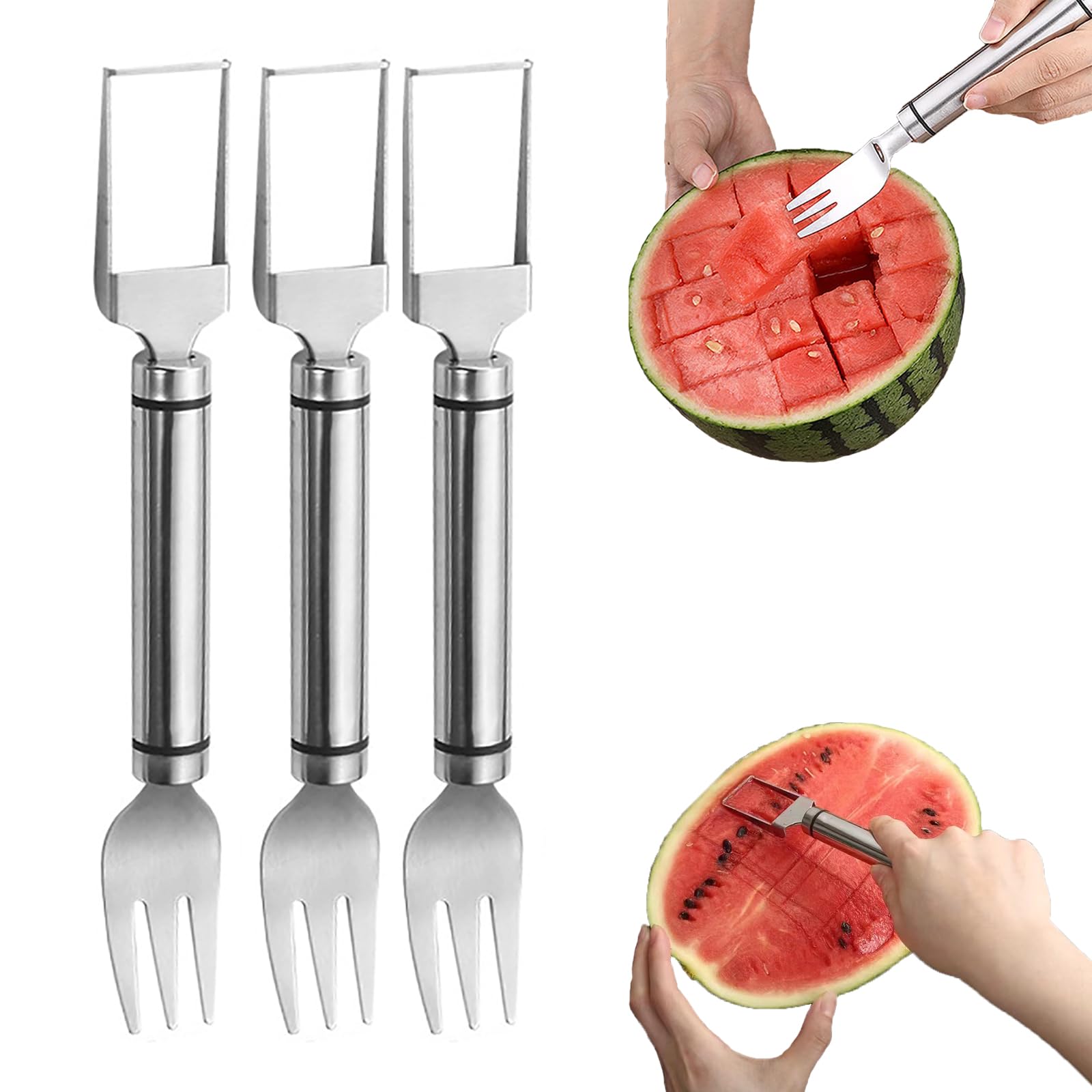 FANTEXY 3 Pieces 2-In-1 Watermelon Fork Slicer Cutter, Watermelon Slicer Cutter, Dual Head Stainless Steel Fruit Forks Slicer Knife for Family Parties Camping Party