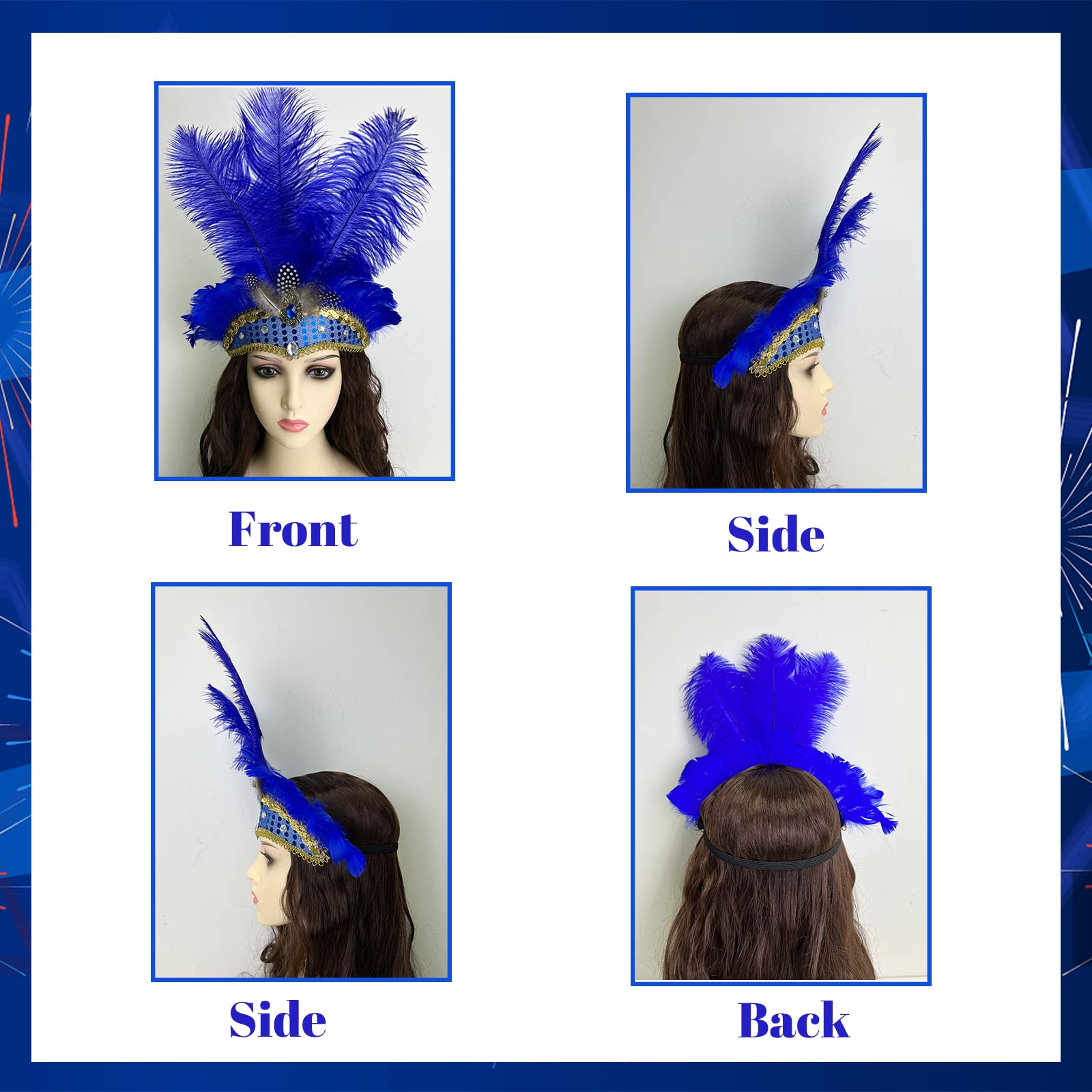 Goenb Mardi Gras Headband, Mardi Gras Headband for Women Girls Showgirl Carnival Feather Headpiece for Hawaii Costume Party (Blue)