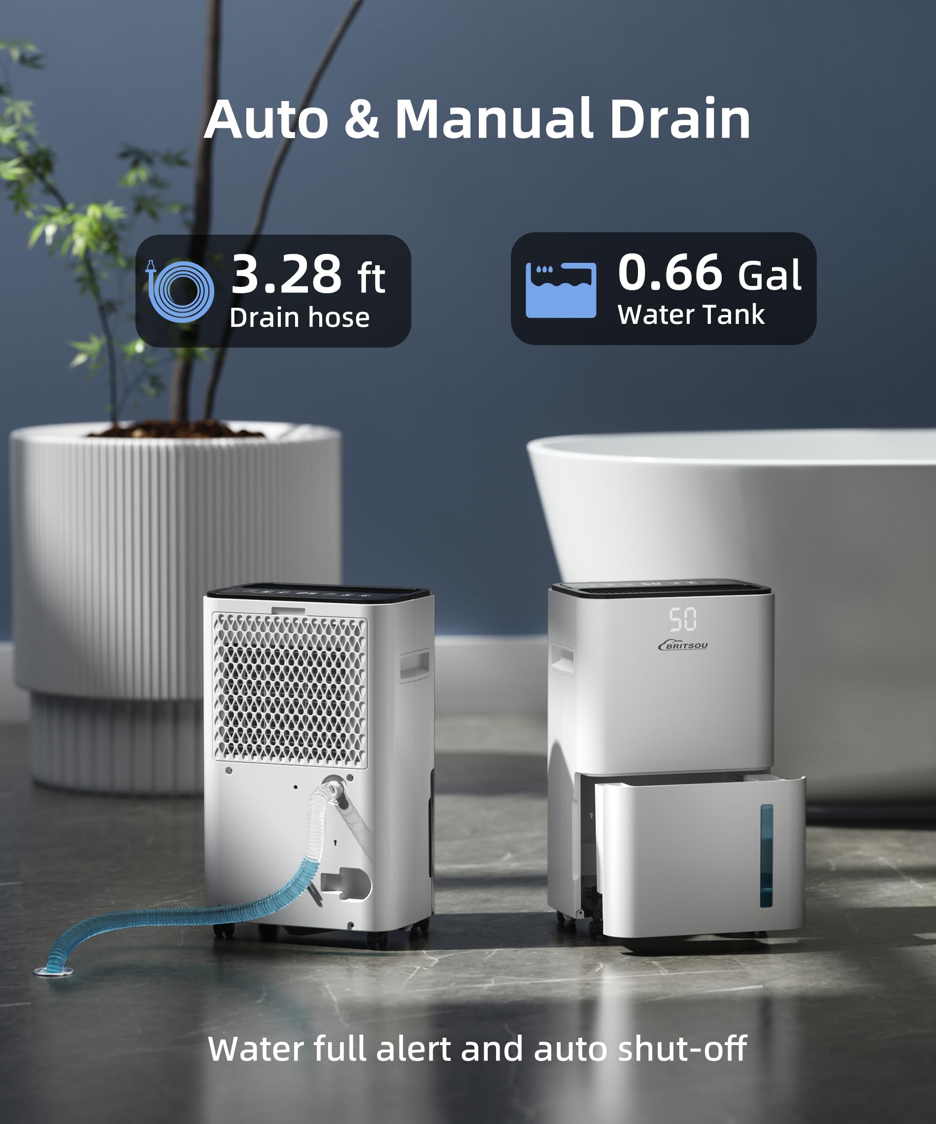 34 Pint Dehumidifier for Basement with Drain Hose & 0.66 Gallon Tank, BRITSOU Dehumidifiers for Home with Auto Shut off, 24HR Timer, Ideal for Home Bedroom Bathroom