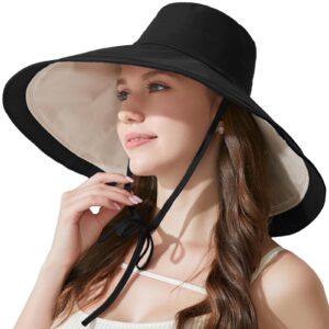 keyduacu 7" women's wide brim sun hat, large foldable uv protective sun hat, can be worn on both sides, suitable for beach, gardening, travelling, hiking（black/white）