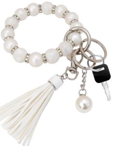 panny & mody silicone key ring bracelet wristlet keychain with silver bling zircon & leather tassel for women gift (pearl)