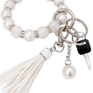 Panny & Mody Silicone Key Ring Bracelet Wristlet Keychain with Silver Bling Zircon & Leather Tassel for Women Gift (Pearl)