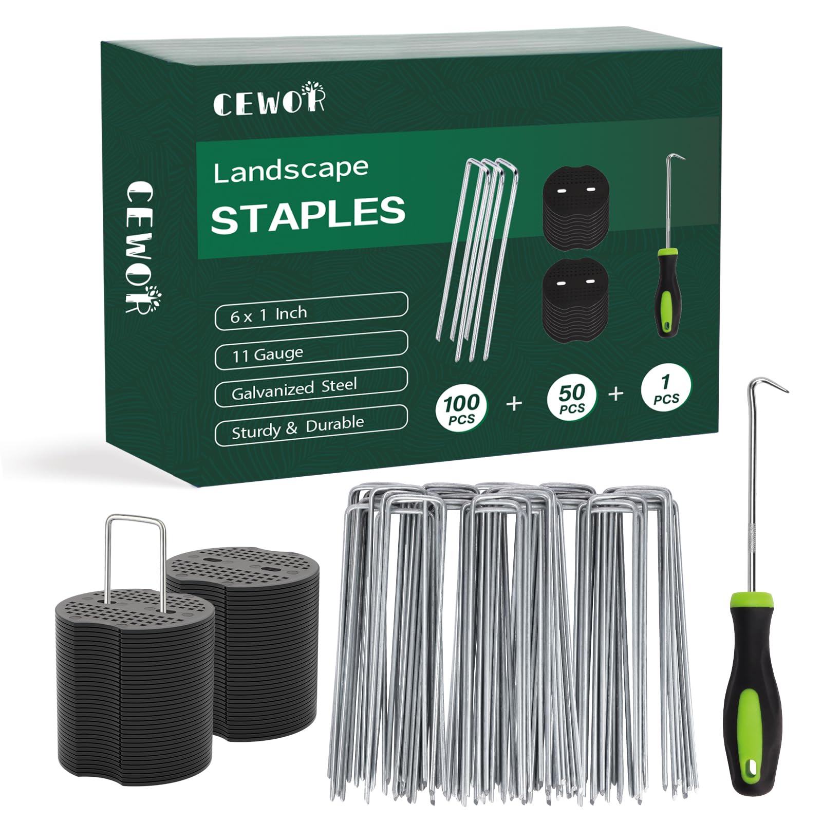 CEWOR Landscape Staples Set, 100pcs 6 Inches 11 Gauge Stakes and 50pcs Gasket, Galvanized Garden Stakes Pick Hook and SOD Pins Lawn Stakes for Barrier Fabric