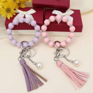 Panny & Mody Silicone Key Ring Bracelet Wristlet Keychain with Silver Bling Zircon & Leather Tassel for Women Gift (Pearl)