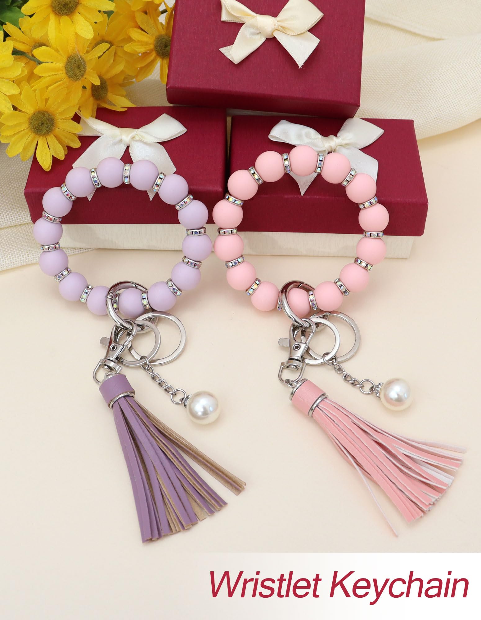 Panny & Mody Silicone Key Ring Bracelet Wristlet Keychain with Silver Bling Zircon & Leather Tassel for Women Gift (Pearl)