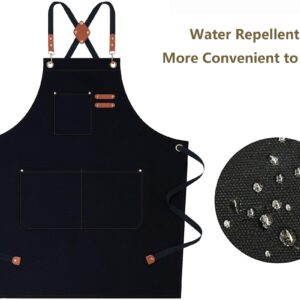 AFUN Chef Aprons for Women Men with Large Pockets, Cotton Canvas Cross Back Water Repellent Work Apron, Size M to XXL (Black)