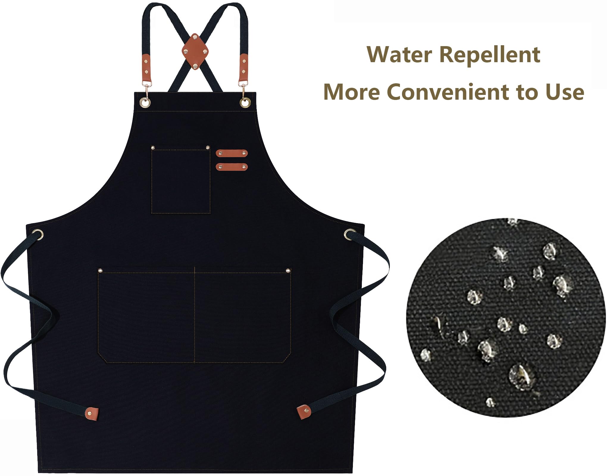 AFUN Chef Aprons for Women Men with Large Pockets, Cotton Canvas Cross Back Water Repellent Work Apron, Size M to XXL (Black)