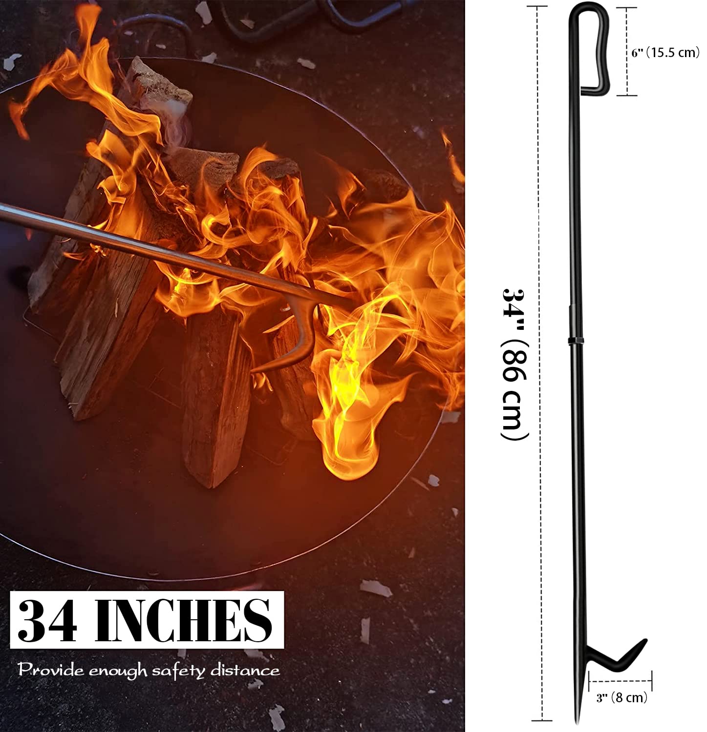 Heavy Duty Fire Poker, 34 Inch Long Fire Poker for Fireplace Fire Pit, 0.4 Inch Thick Solid Steel Campfire Poker, Removable Fire Pit Poker for Fireplace, Camping, Wood Stove, Outdoor and Indoor Use