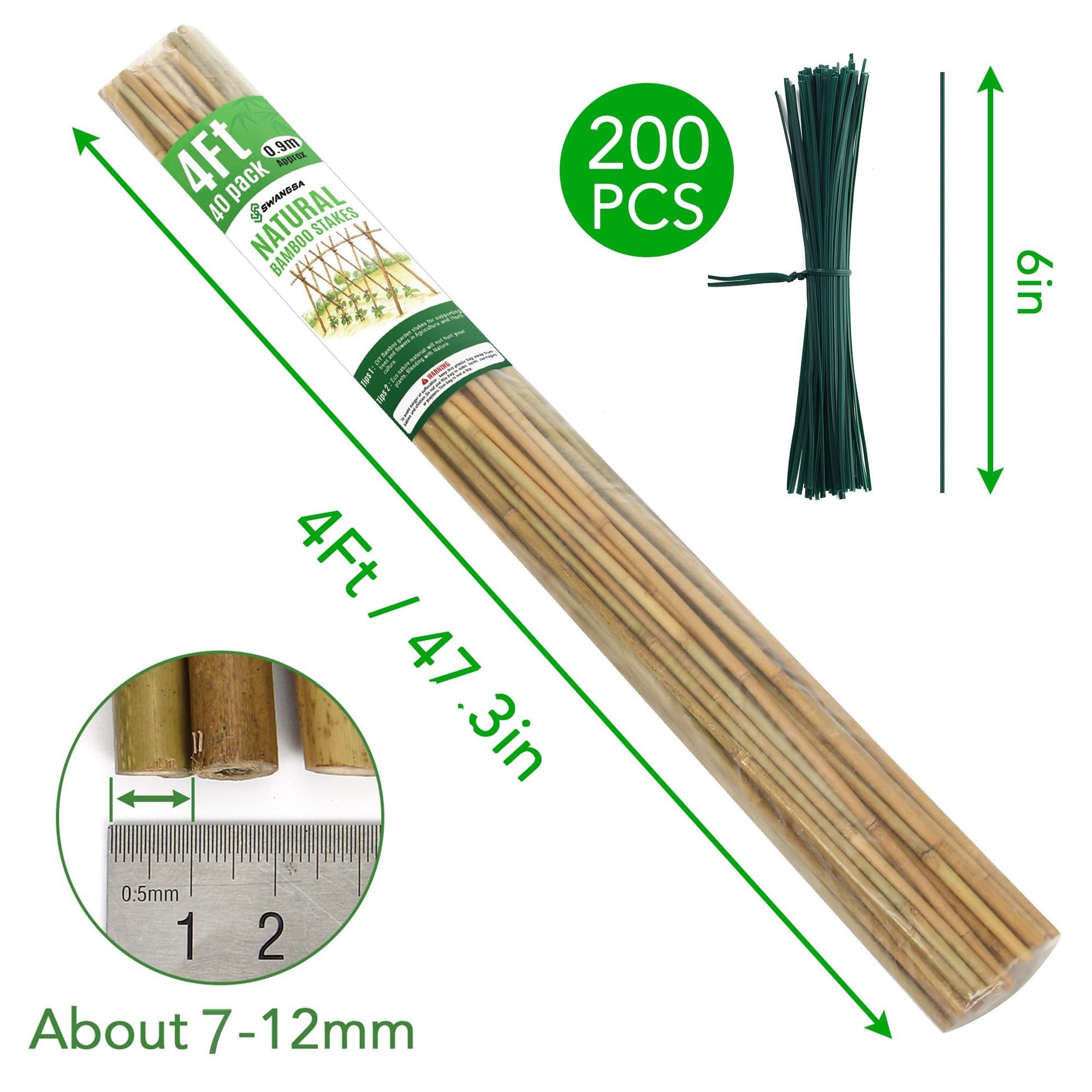 SWANGSA 40 Pack 4 Feet Bamboo Stakes for Plant, Bamboo Sticks Plant Support Garden Stakes Poles with 200pcs Twist Ties for Tomatoes, Beans, Flowers, Potted Plants, Indoor and Outdoor Climbing Plants