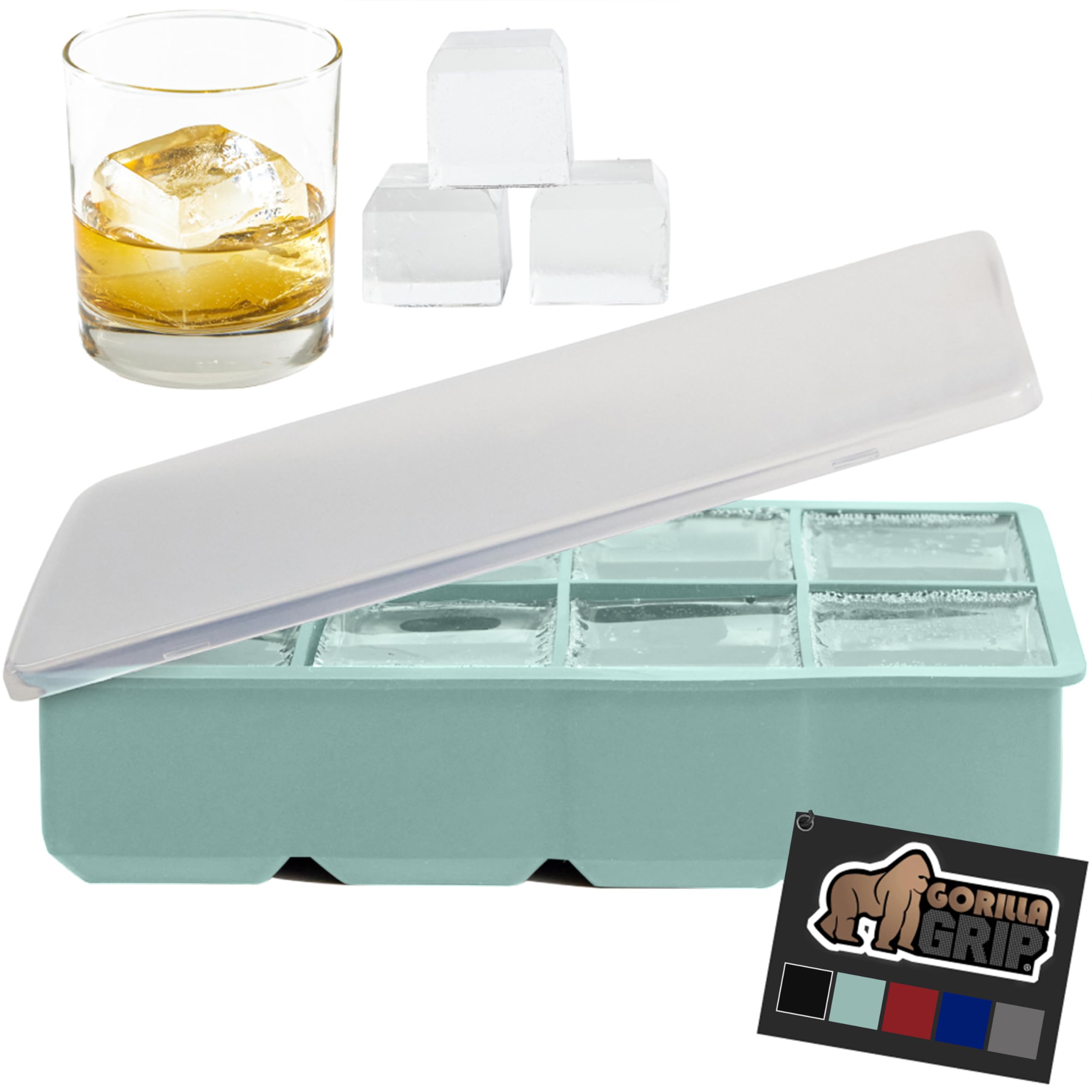 Gorilla Grip Large Silicone Ice Cube Mold with Stackable Lid, 1 Tray, Easy Release Freezer Mold, 8 Giant Square Cubes, Slow Melt for Whiskey Drinks Iced Coffee, Cocktail Bar Kitchen Essentials, Mint