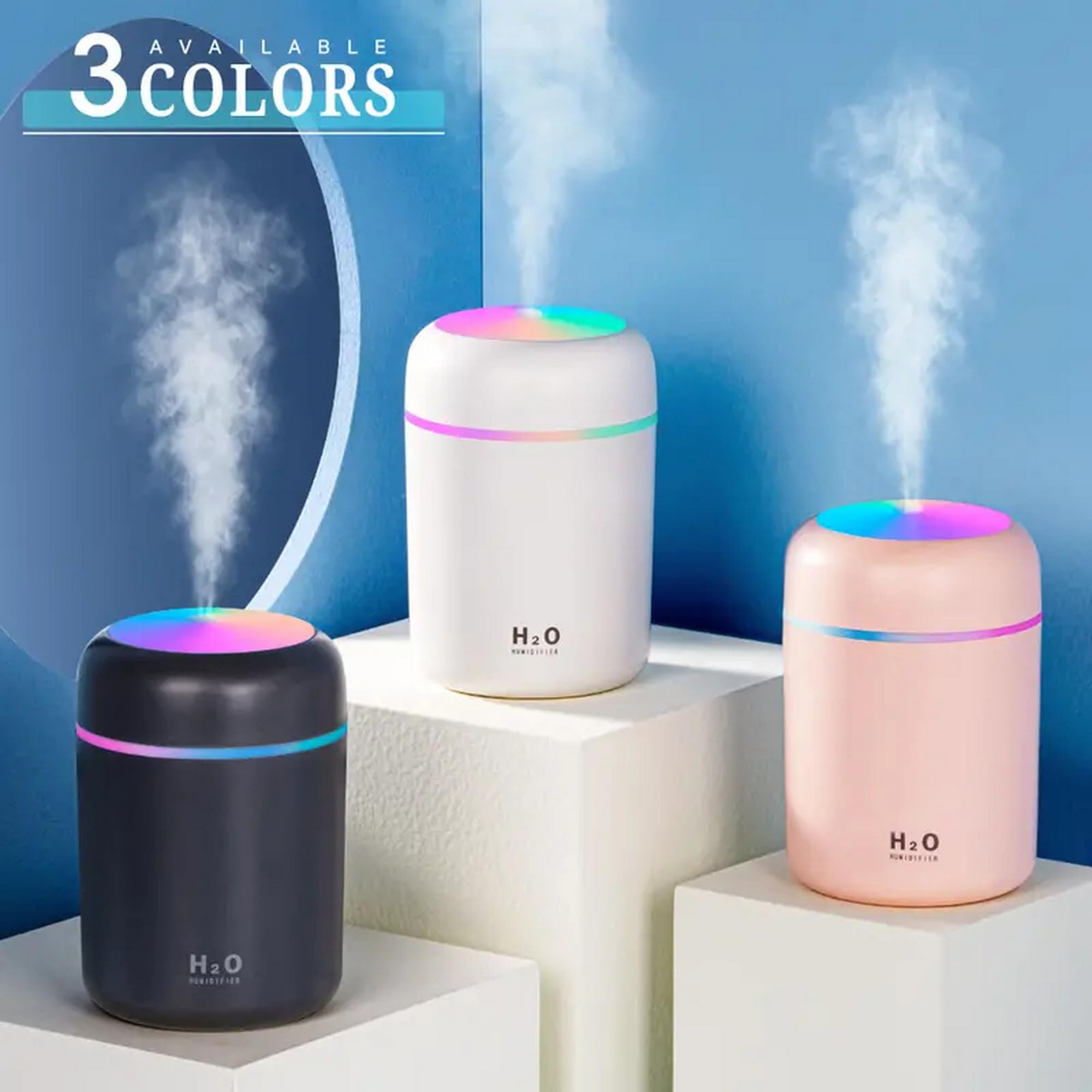 Portable Mini Humidifier, Colorful, Cool Mist, USB Powered. Perfect for Bedroom, Office & Car (300ml, White)