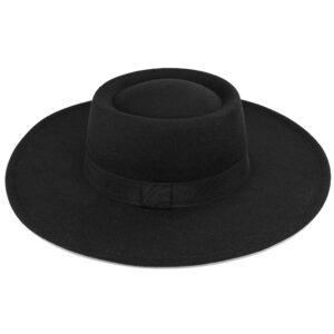 Black Felt Fedora for Women Men - Classic Wide Brim Boater Hat Flat Top Large-Derby-Cap Unisex