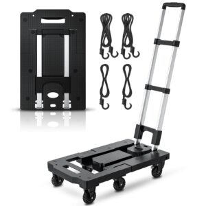 coowoo folding hand truck, heavy duty 600lbs luggage cart, light weight utility dolly platform cart with 7 wheels(2 with brake), handle lock & 4 elastic ropes for home, office & business use