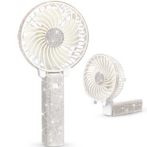 mudder crystal bling rhinestone mini handheld fan portable usb rechargeable fan battery operated small folding personal fan for girls women outdoor travel indoor makeup office (white,classic style)