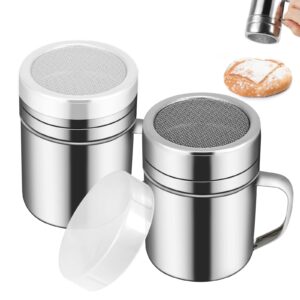 2 pcs powdered sugar shaker duster with handle, stainless steel fine mesh shaker powder cans with plastic lid, sifter dredge shaker for powder sugar cinnamon cocoa pepper coffee flour