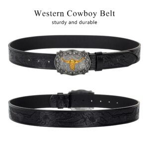 Vikodah Men Women-Western-Cowboy-Leather-Belts - Longhorn Bull Pattern Buckle Belt Floral Engraved Buckle Belt for Jeans